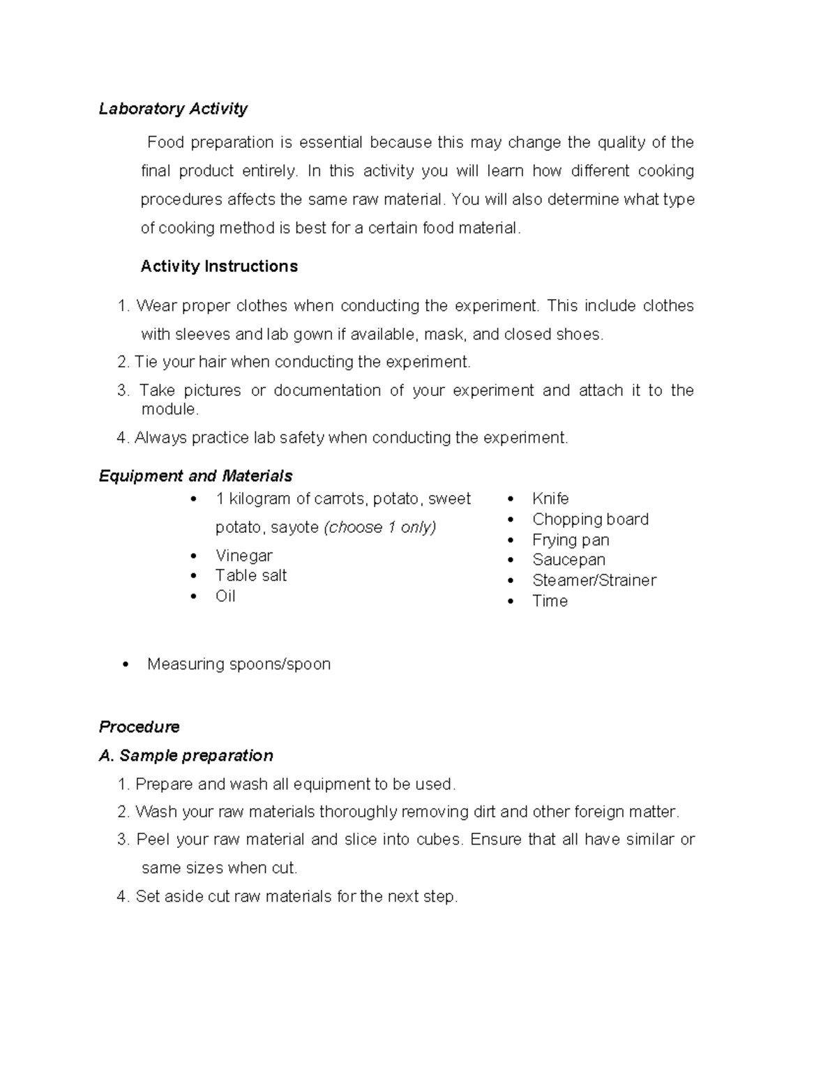 Laboratory Activity: Cooking Methods and Their Effects on Food Quality ...