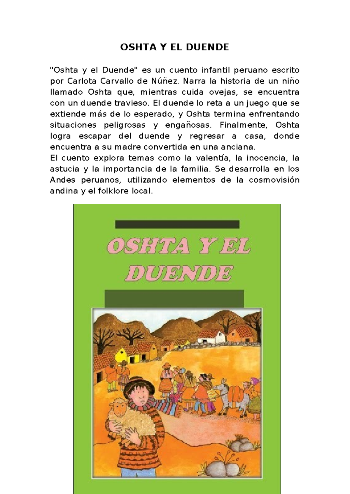 OSHTA Y EL DUENDE: Cuento Infantil Peruano de Carlota Carvallo - Studocu