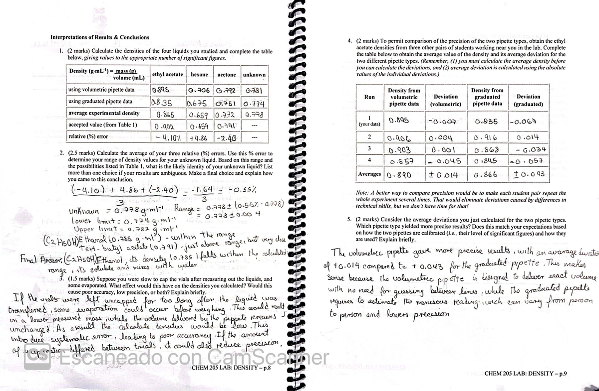 CHEM 205 Lab: Density Analysis and Results Interpretation - Studocu