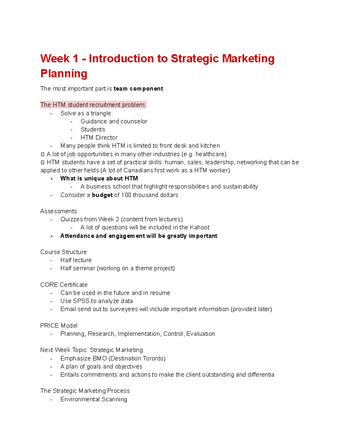 HTM 402 Lecture Notes: Introduction to Strategic Marketing - Studocu