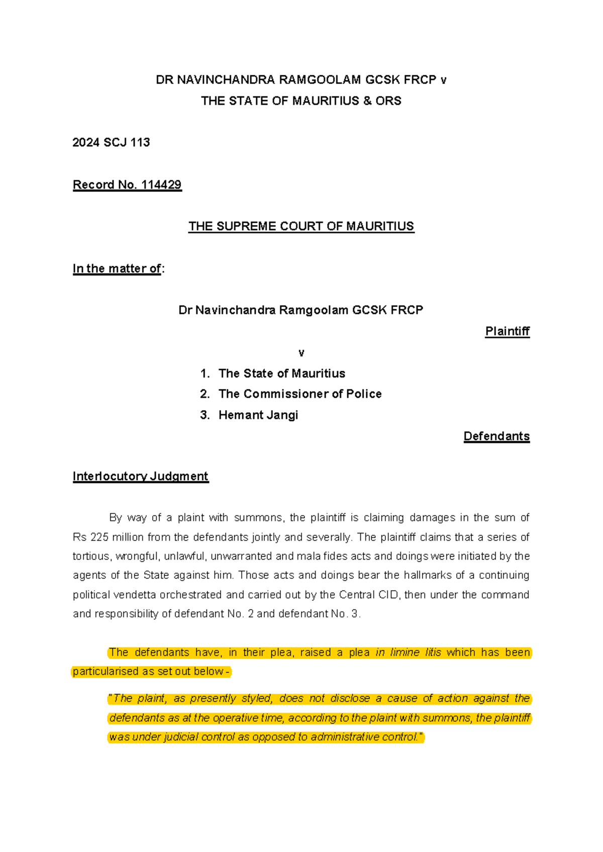 Dr. Navinchandra Ramgoolam GCSK FRCP v State of Mauritius 2024 SCJ 113 ...