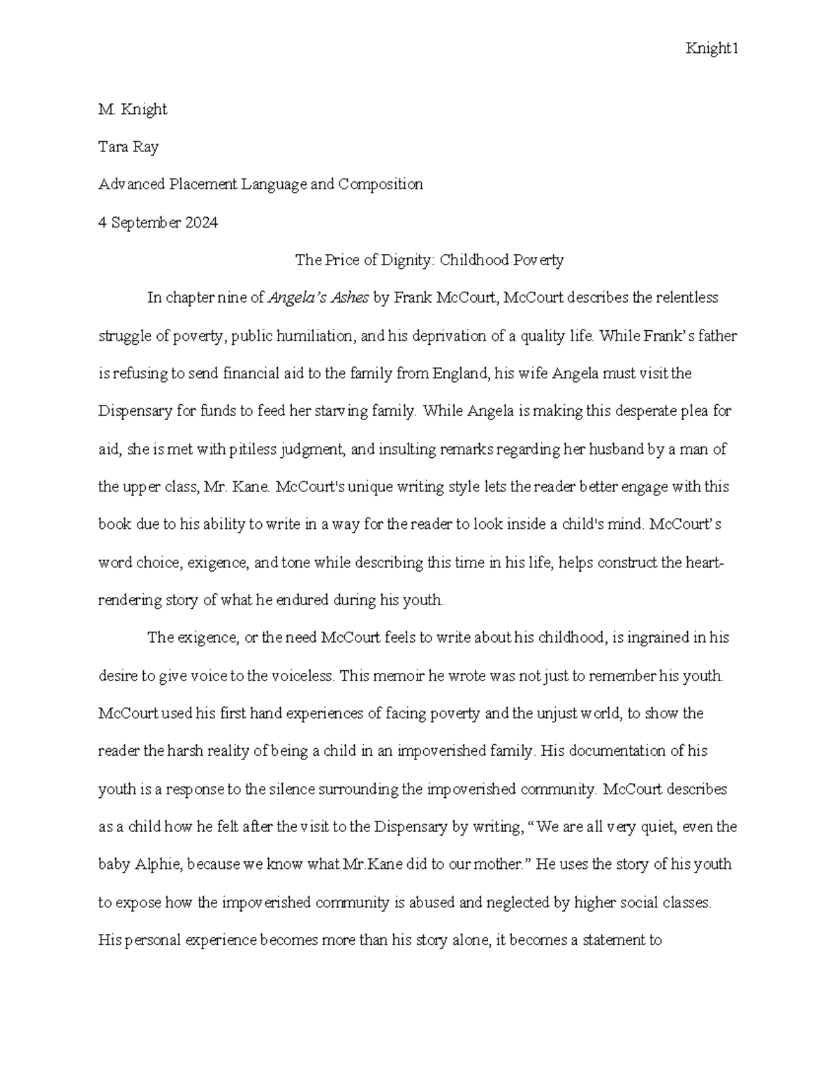 Rhetorical Analysis Essay on Angela's Ashes by McCourt - AP Lang - Studocu