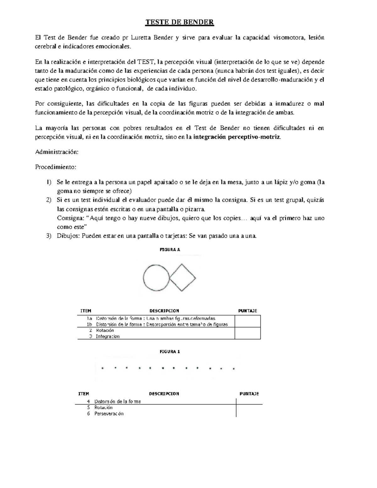 Teste de Bender - Evaluación de Capacidad Visomotora y Más - Studocu