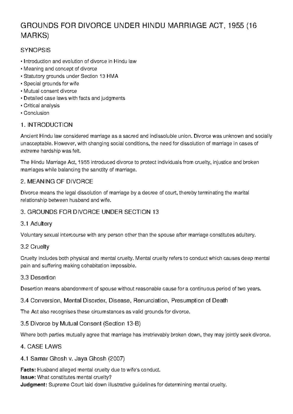 Divorce Grounds Under Hindu Marriage Act, 1955 (16 Marks) - Studocu