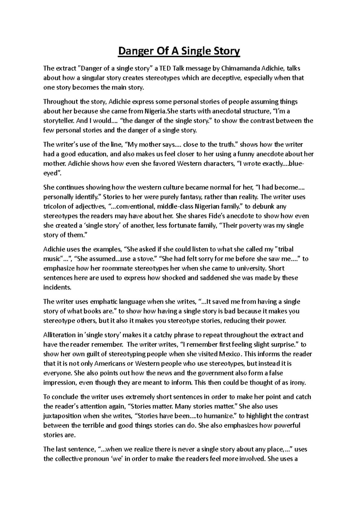 Critical Analysis of Chimamanda Adichie's TED Talk: The Danger of a ...