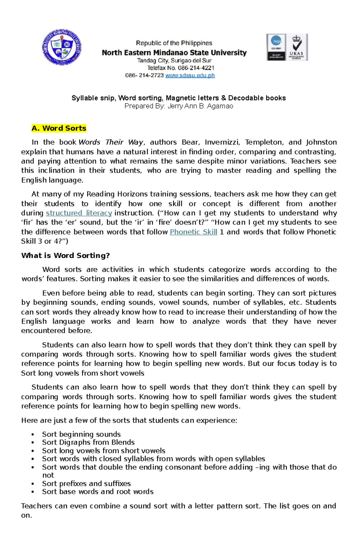 Phonemic Instructional Strategies: Word Sorting & Syllable Snip ...