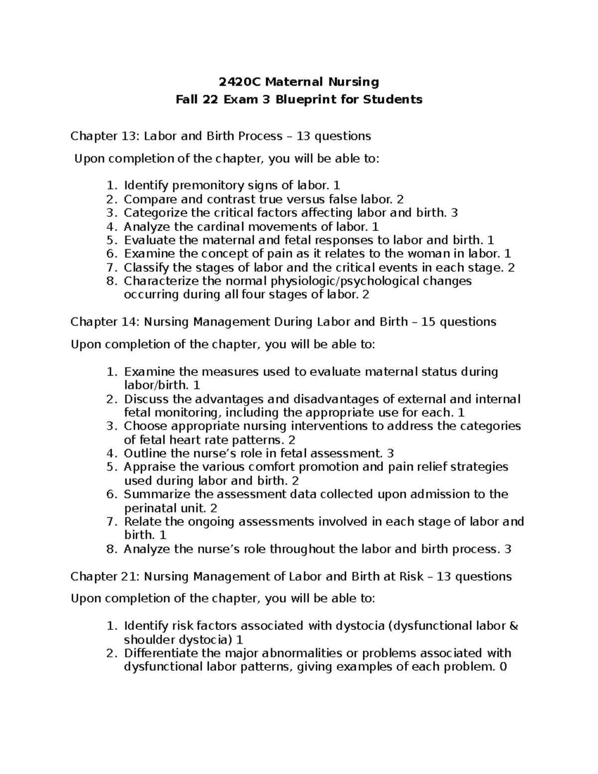 2420C Maternal Nursing Fall '22 Exam 3 Study Guide Overview - Studocu