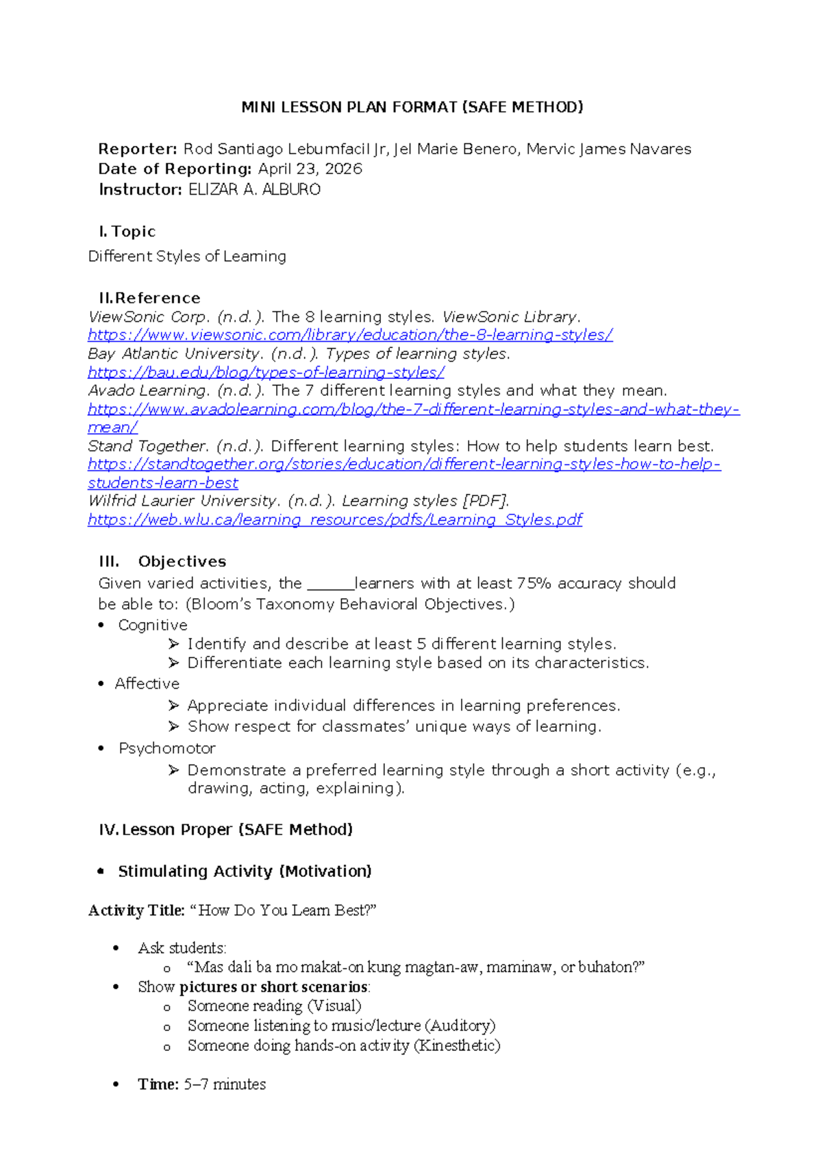 BSED SCI 1 - Mini Lesson Plan on Different Learning Styles - Studocu