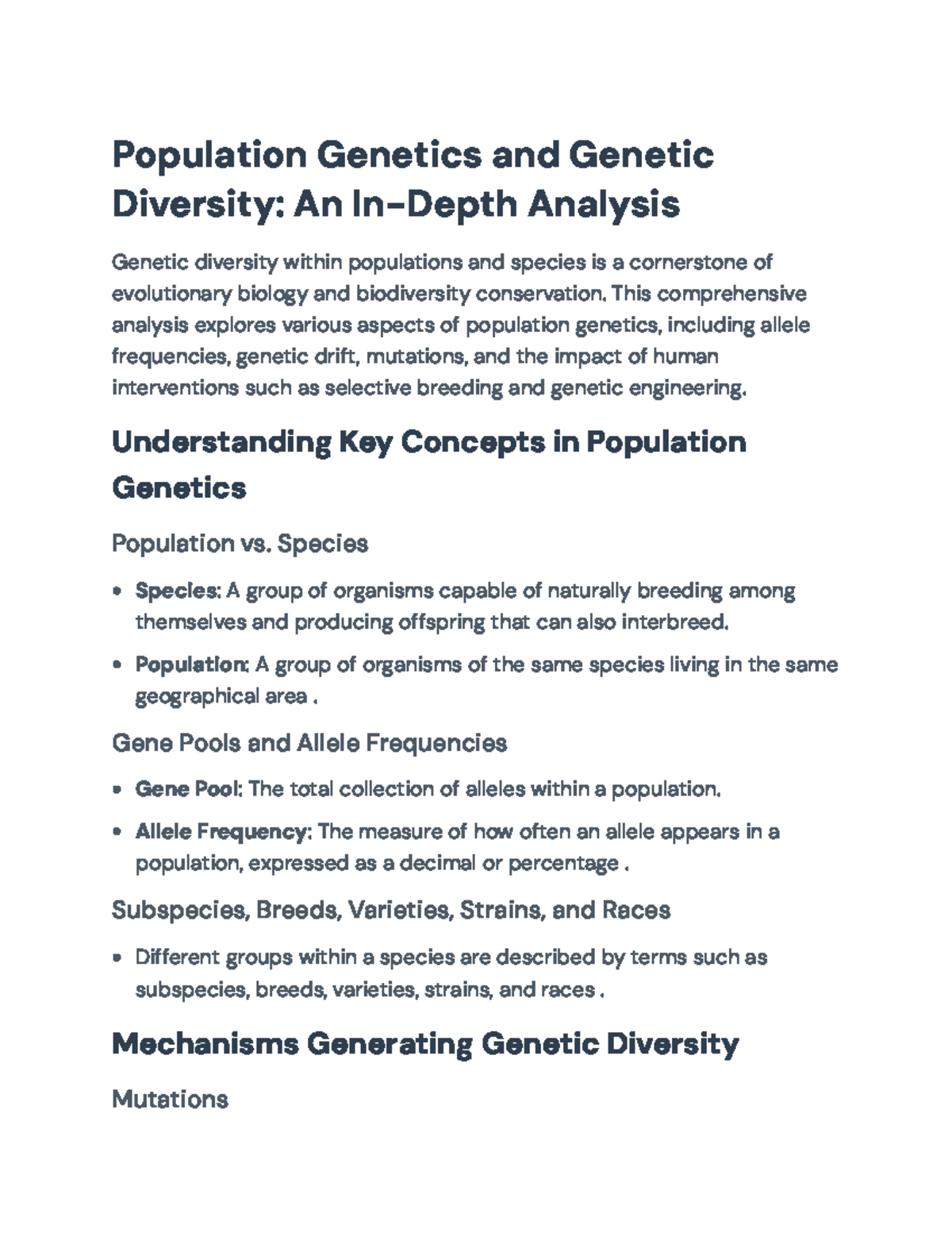 Population Genetics and Genetic Diversity: A Comprehensive Study ...