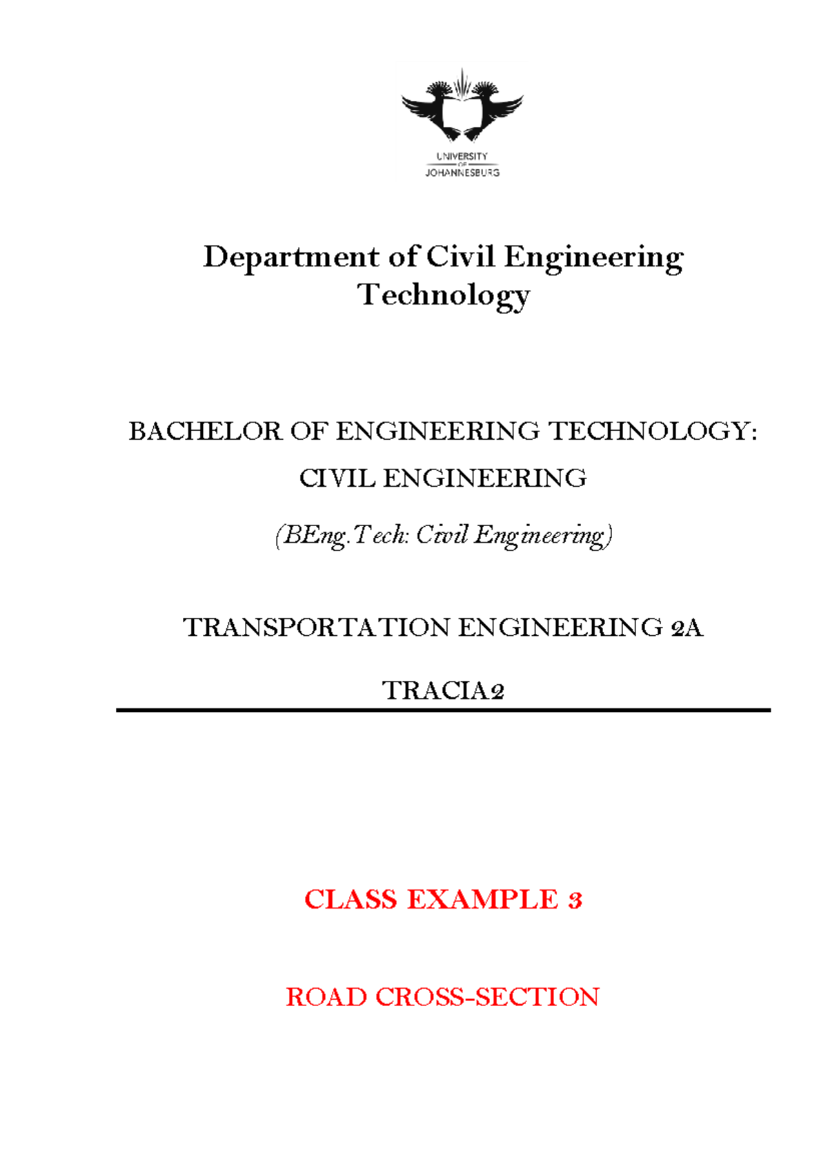 BEng.Tech: Civil Engineering Transportation Engineering 2A Class ...