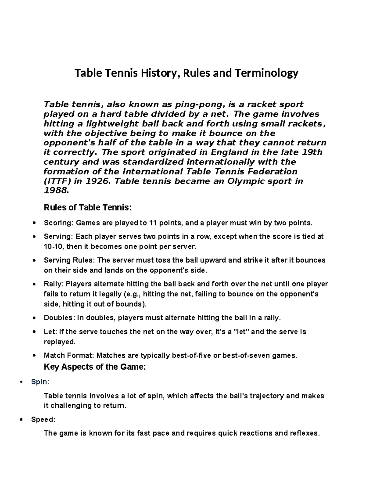 PE 3 Table Tennis: History, Rules, and Essential Skills (2025) - Studocu