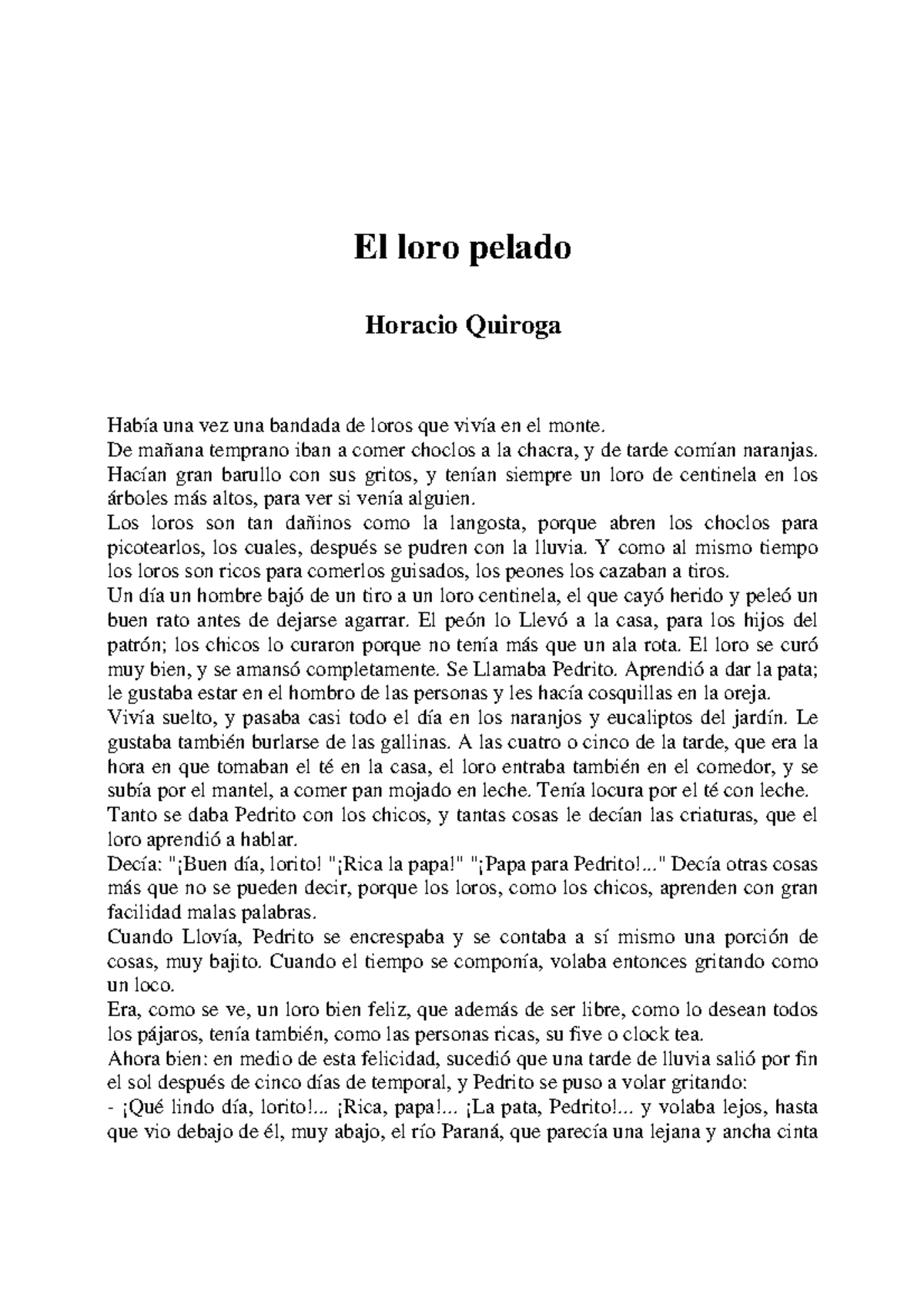Resumen del cuento "El loro pelado" de Horacio Quiroga - Studocu