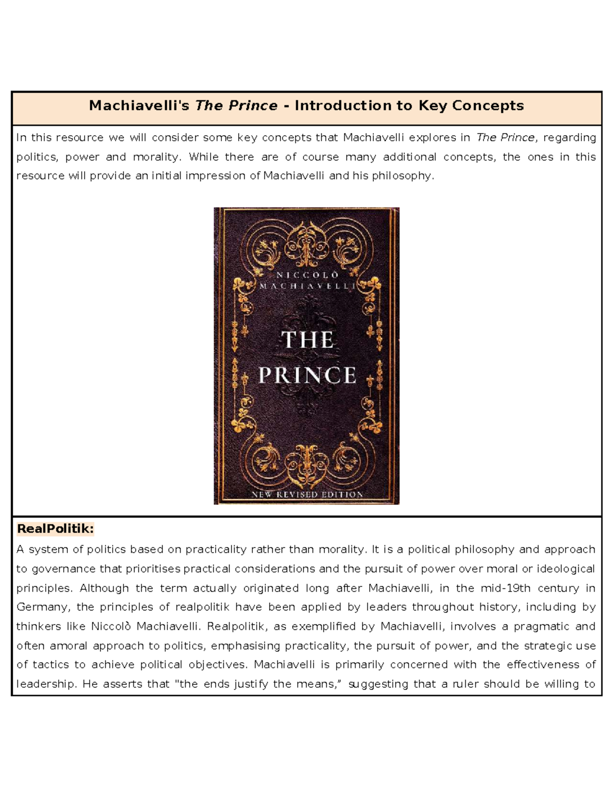 Machiavelli's The Prince (Course Code: POL101) - Key Concepts Overview ...