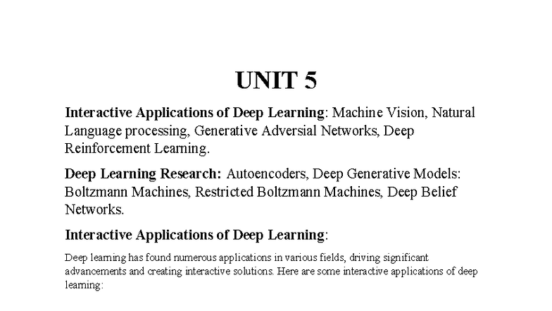 DL Unit 5: Interactive Applications of Deep Learning Techniques - Studocu
