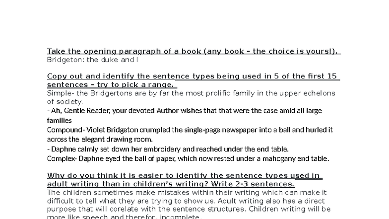 English Homework: Analyzing Sentence Types in "The Duke and I" - Studocu