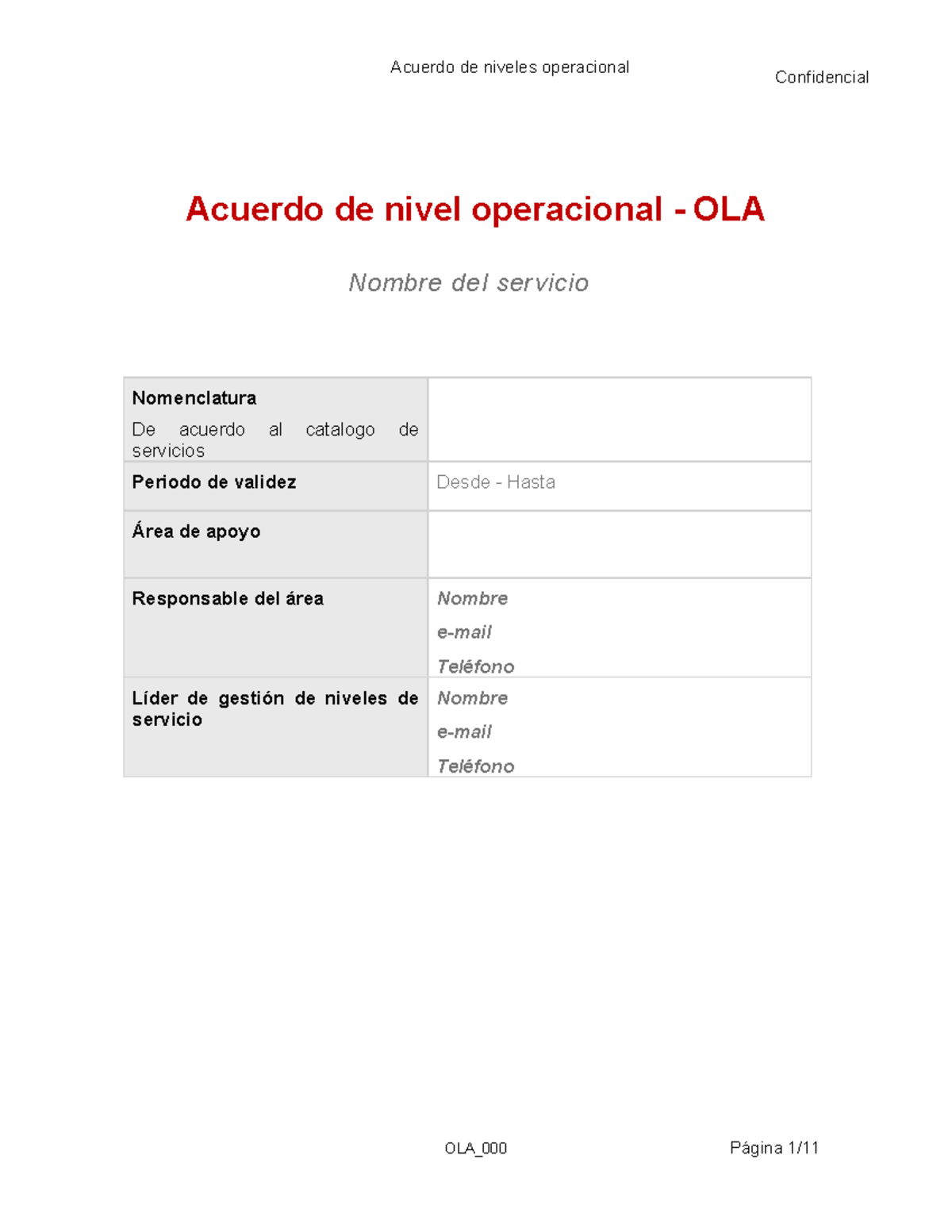 Formato Acuerdo de Niveles Operacional - Confidencial Acuerdo de nivel operacional - OLA Nombre ...