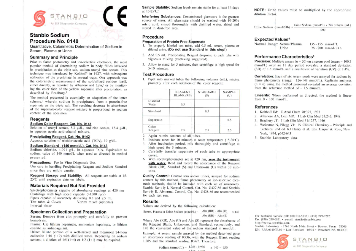 Stanbio Sodium - Good luck! - Clinical Chemistry 2 - Studocu
