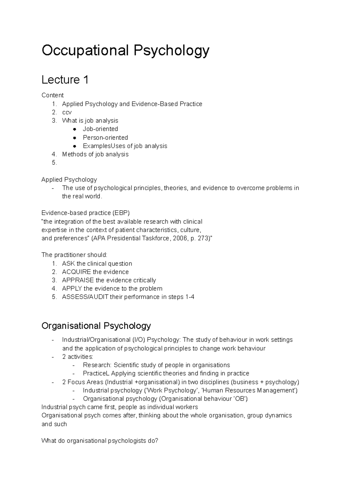 PSYC3020: Occupational Psychology Lecture 1 - Job Analysis and ...