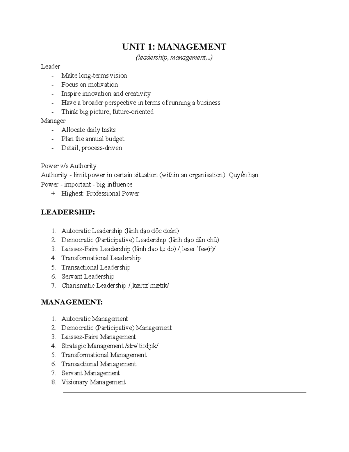 UNIT 1: MANAGEMENT - Leadership & Management Styles Overview - Studocu