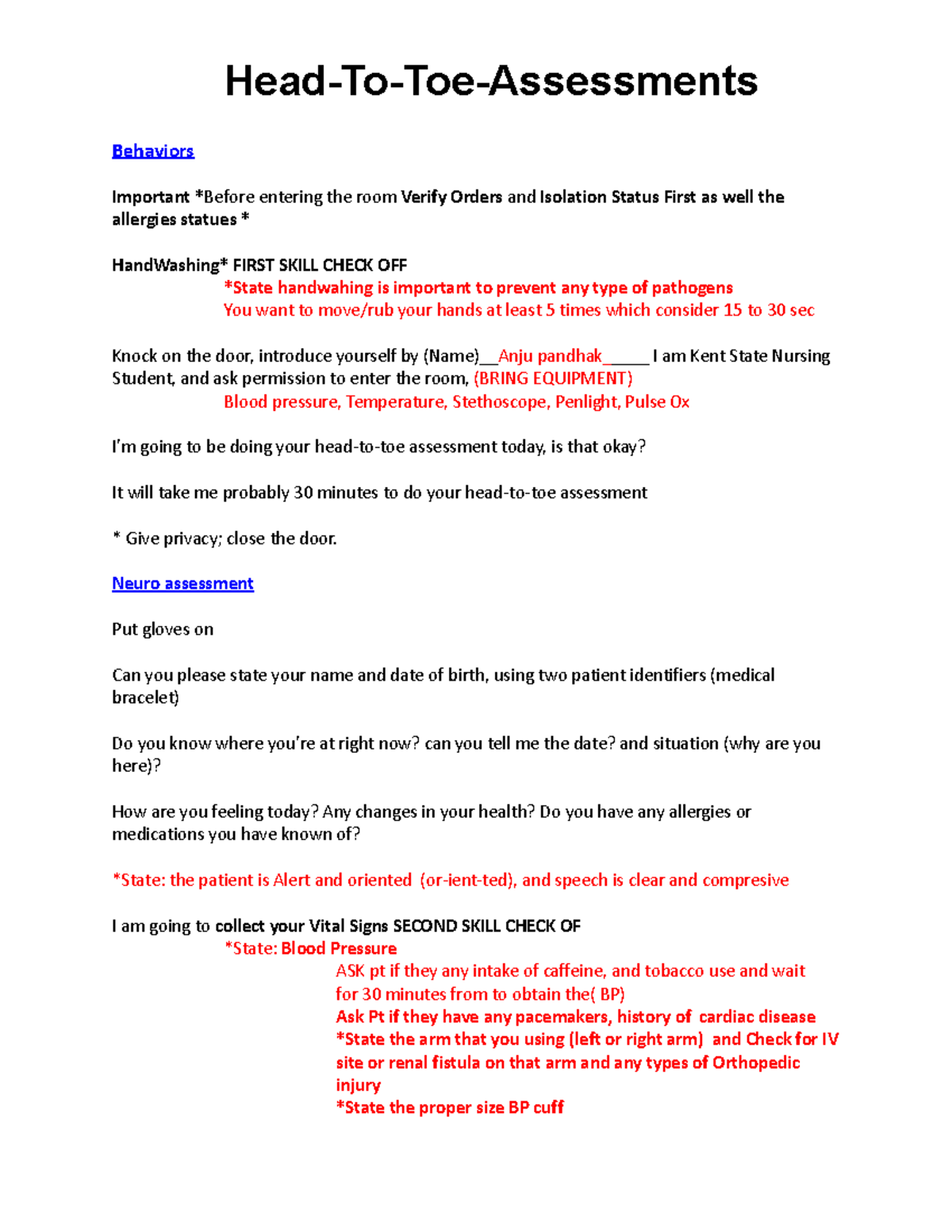 Head-to-Toe Assessment Guidelines for Nursing Students (NURS 101) - Studocu