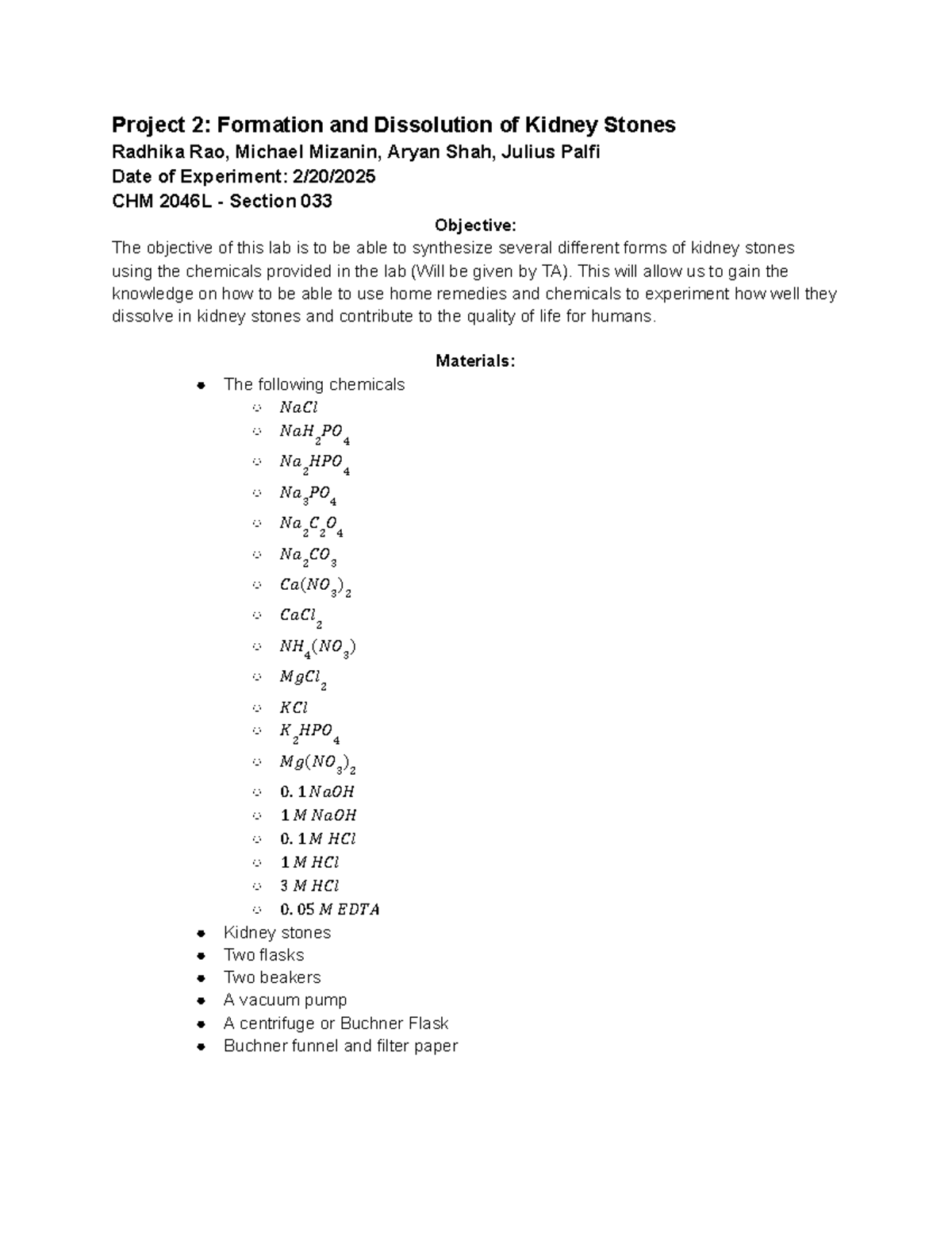 CHM 2046L: Project 2 - Synthesis & Analysis of Kidney Stones - Studocu