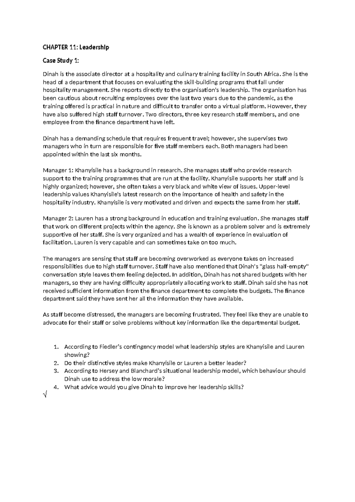 CHAPTER 11: Leadership Case Study - Dinah's Management Challenges ...