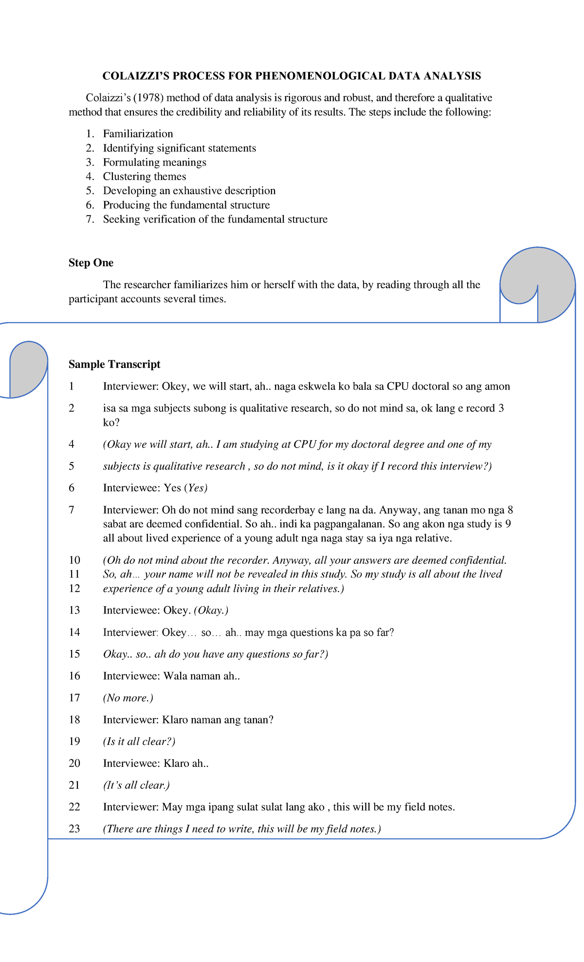 Colaizzi's Method for Phenomenological Data Analysis in Qual Research ...