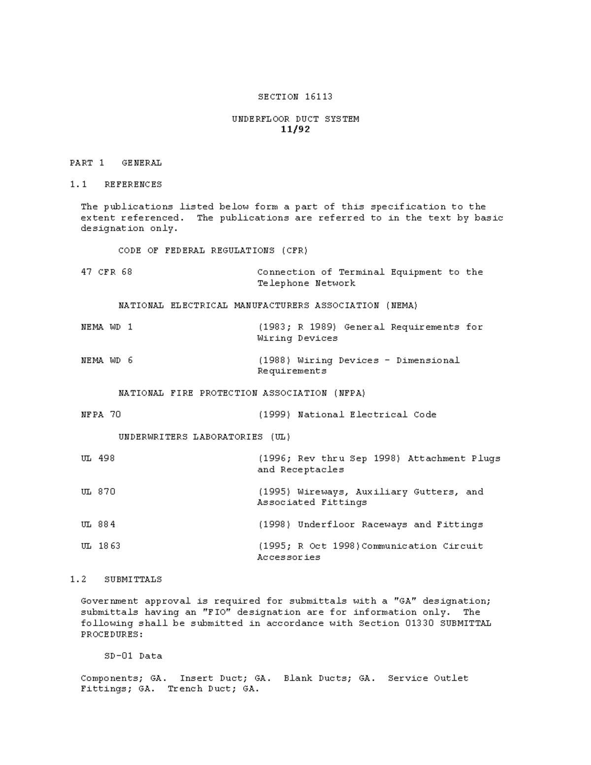 16113 - CSI Specs - SECTION 16113 UNDERFLOOR DUCT SYSTEM 11/ PART 1 ...
