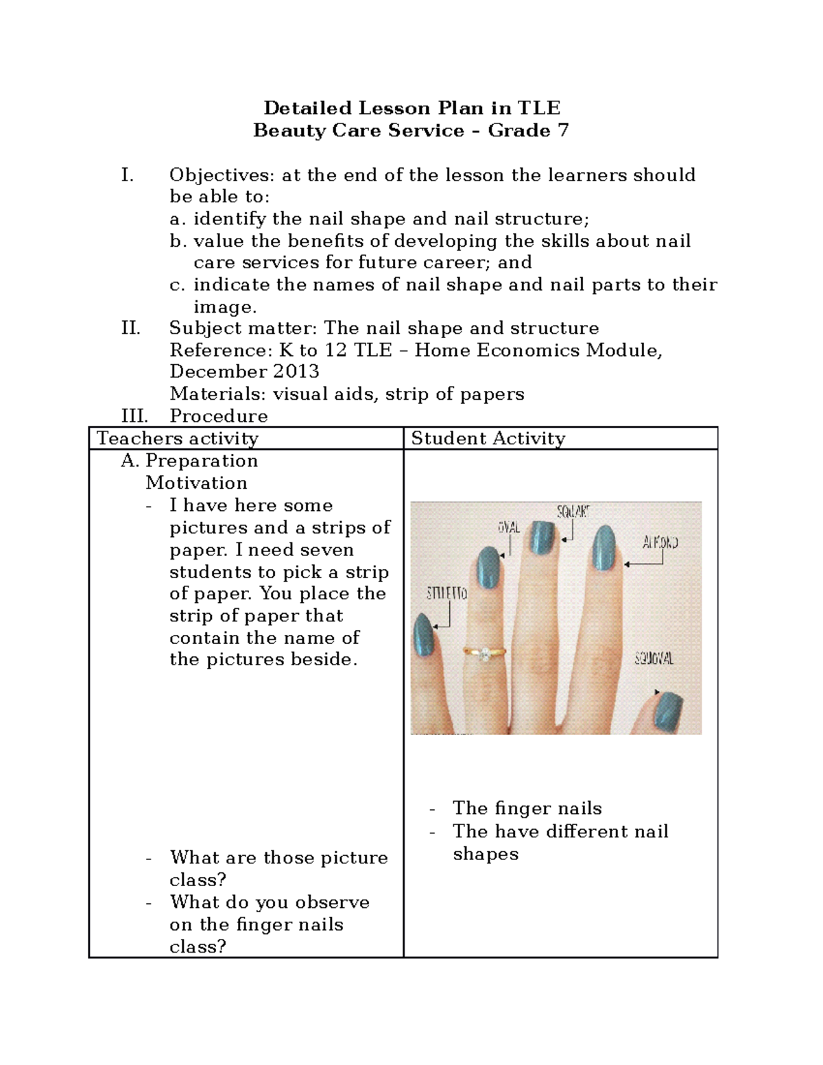 Detailed Lesson Plan: TLE Grade 7 Beauty Care Services - Studocu