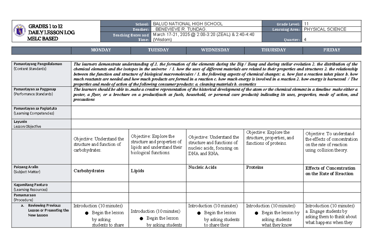 WEEK 5 DAILY LESSON LOG FOR PHYSICAL SCIENCE (GRADES 1-12) - Studocu