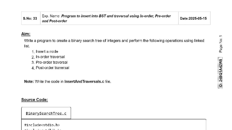 BST Operations: Insertion & Traversals in C (24BQ1A42W8) - Studocu