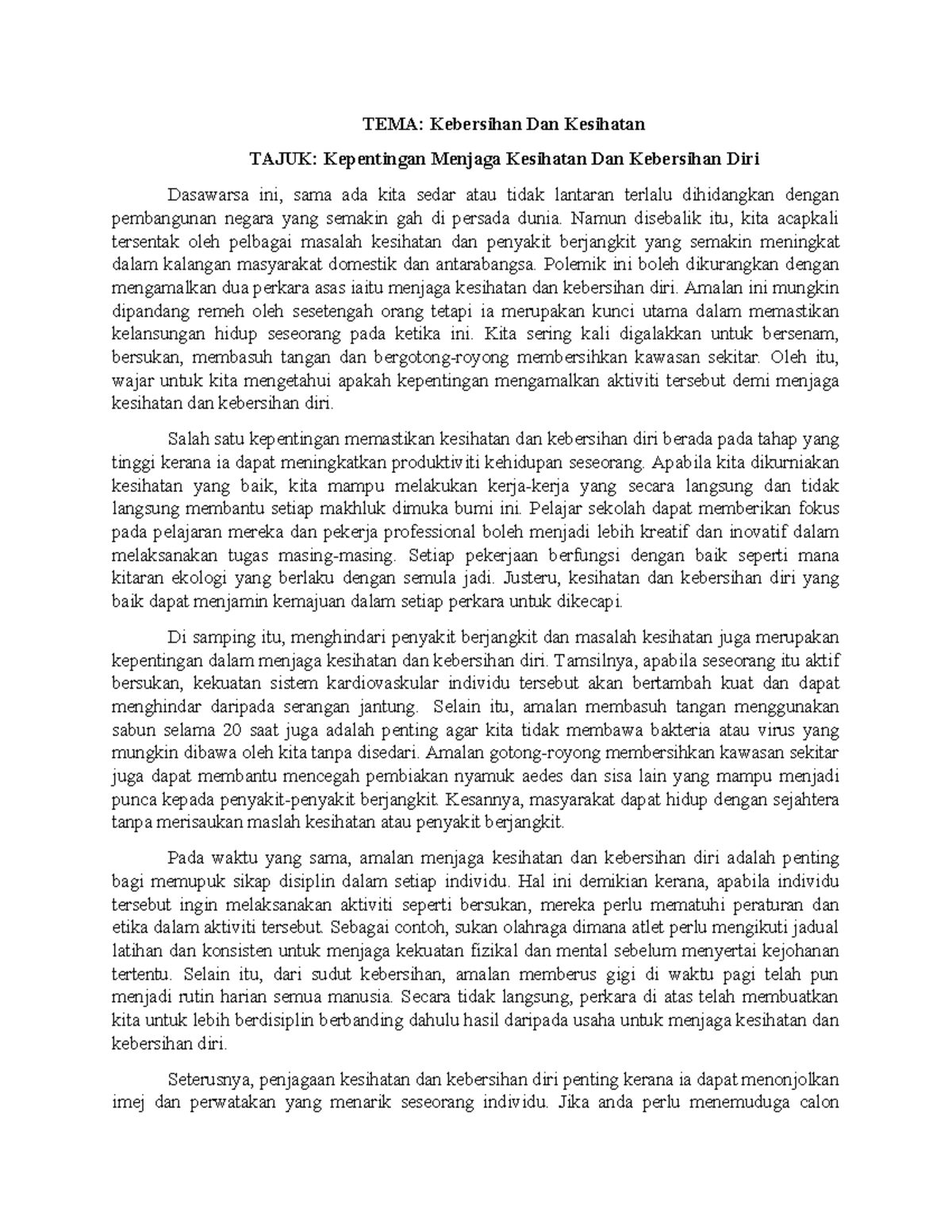 Karangan Tema: Kepentingan Kesihatan dan Kebersihan dalam Kehidupan - Studocu