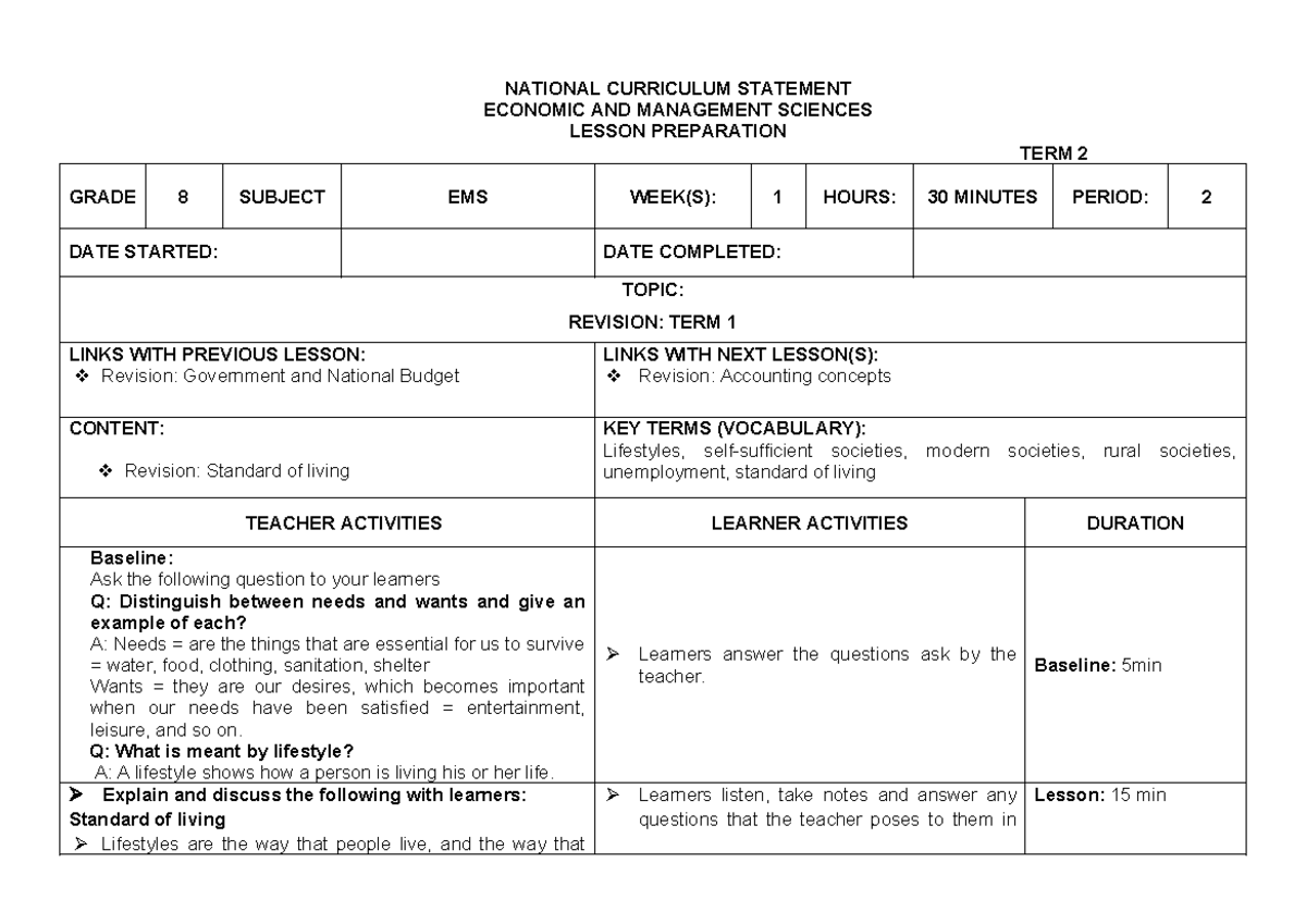 NATIONAL CURRICULUM EMS GRADE 8 LESSON PLAN: TERM 2 REVISION - Studocu