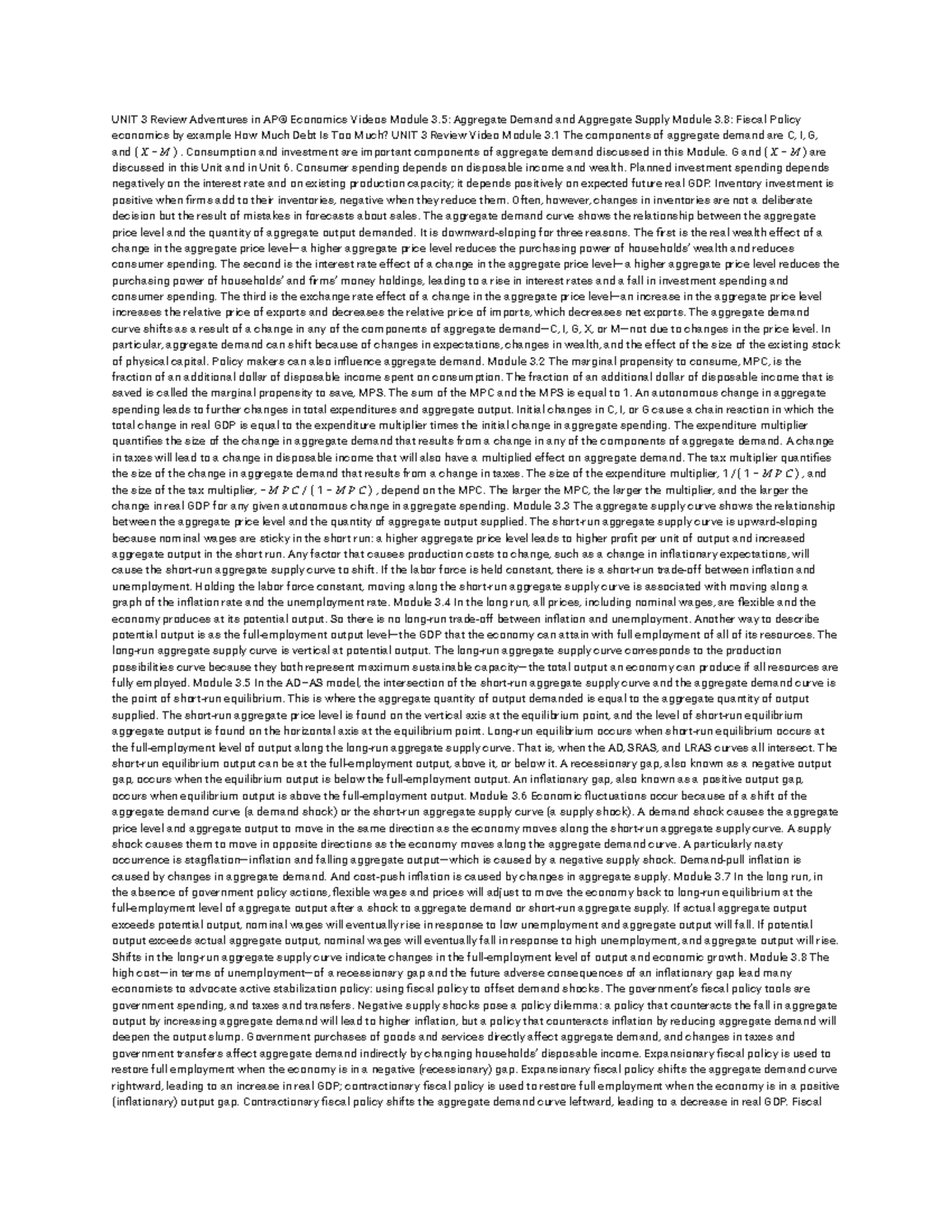 AP® Economics Unit 3 Review: Aggregate Demand & Supply Insights - Studocu