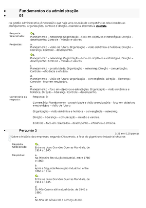 Fundamentos DA Administracao Unidade III - • Pergunta 1 0,25 em 0,25 ...