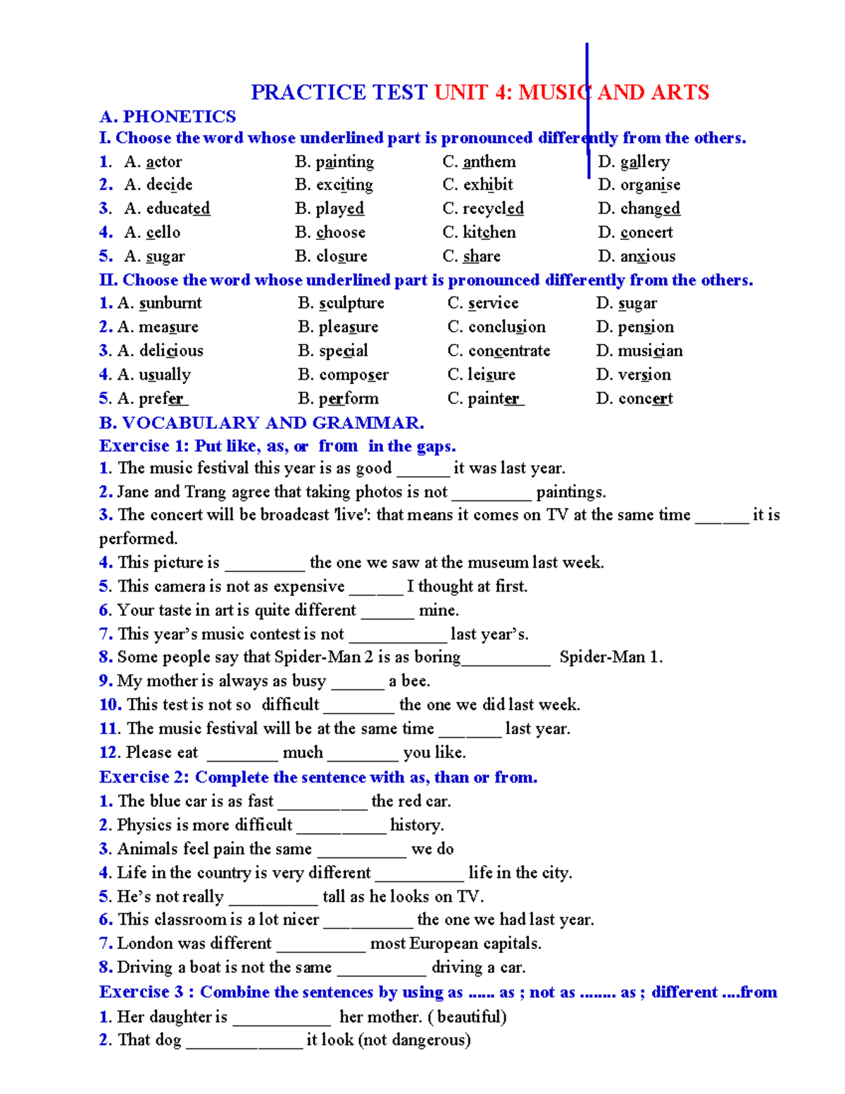 Practice Test Unit 4: Music and Arts - Phonetics & Vocabulary - Studocu
