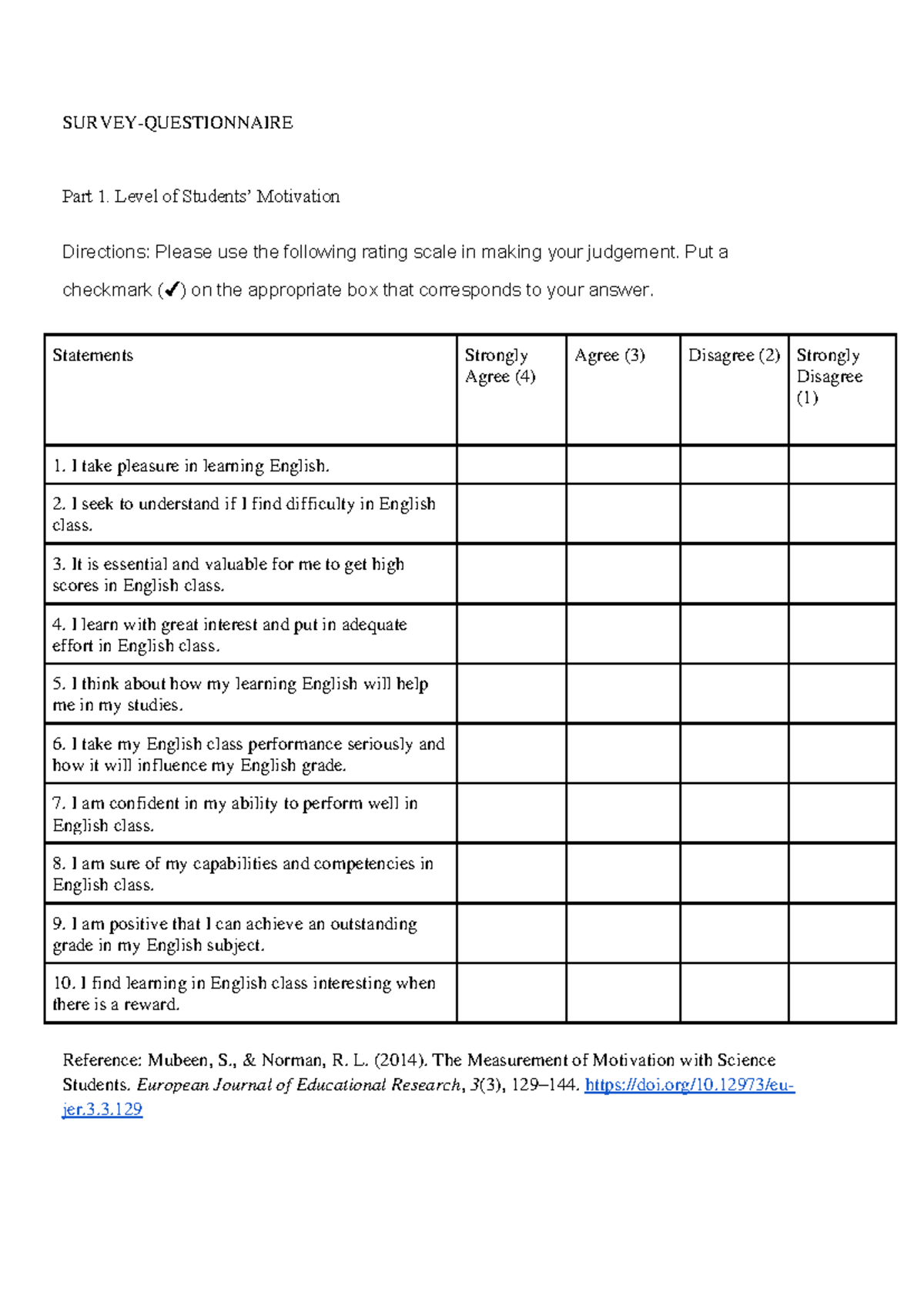 Q-2: Survey Questionnaire on Student Motivation & Academic Behavior ...