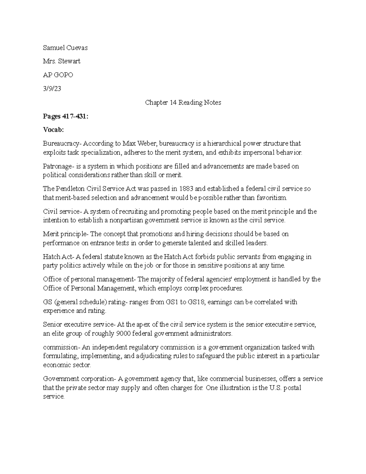 AP GOPO Chapter 14 Reading Notes: Bureaucracy & Government Roles - Studocu