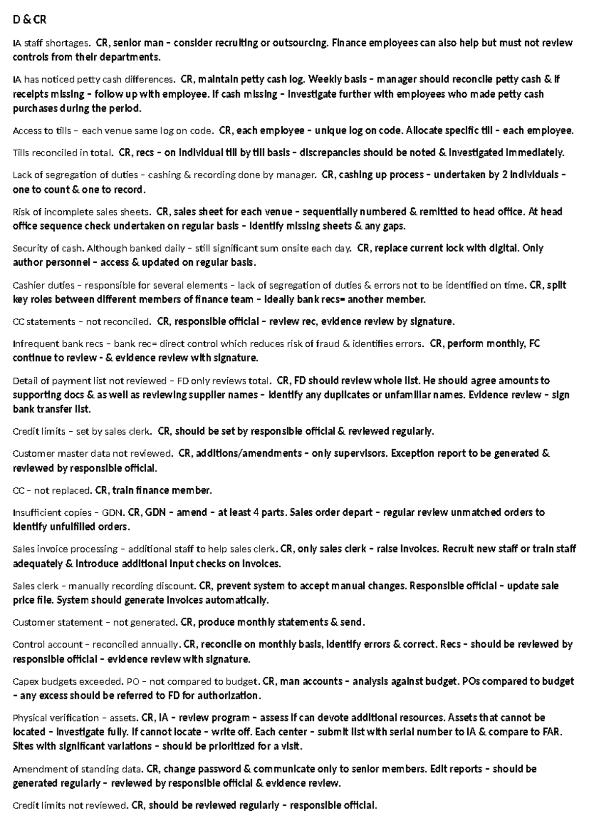 Internal Controls Review - Audit & Assurance (IA) Findings and ...