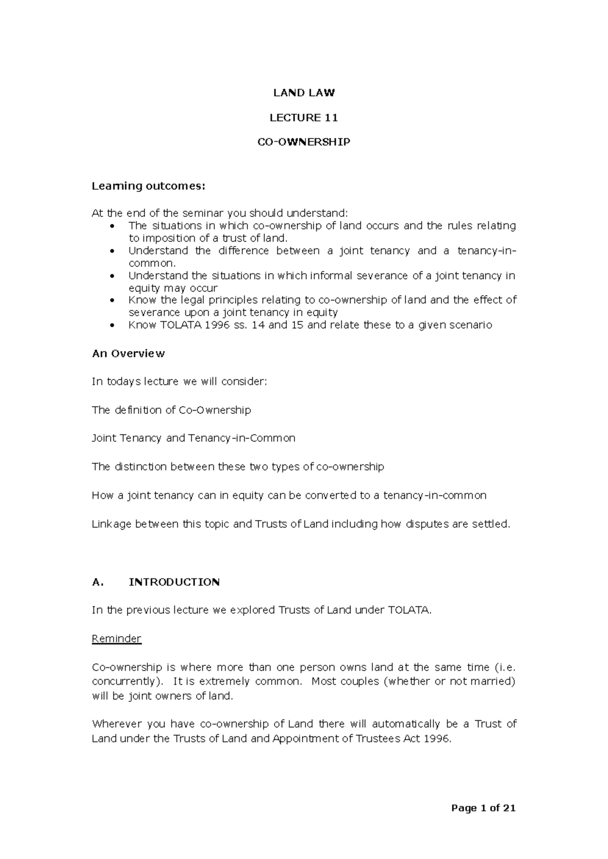 Co-Ownership of Land Under TOLATA 1996: A Comprehensive Analysis - LAND ...