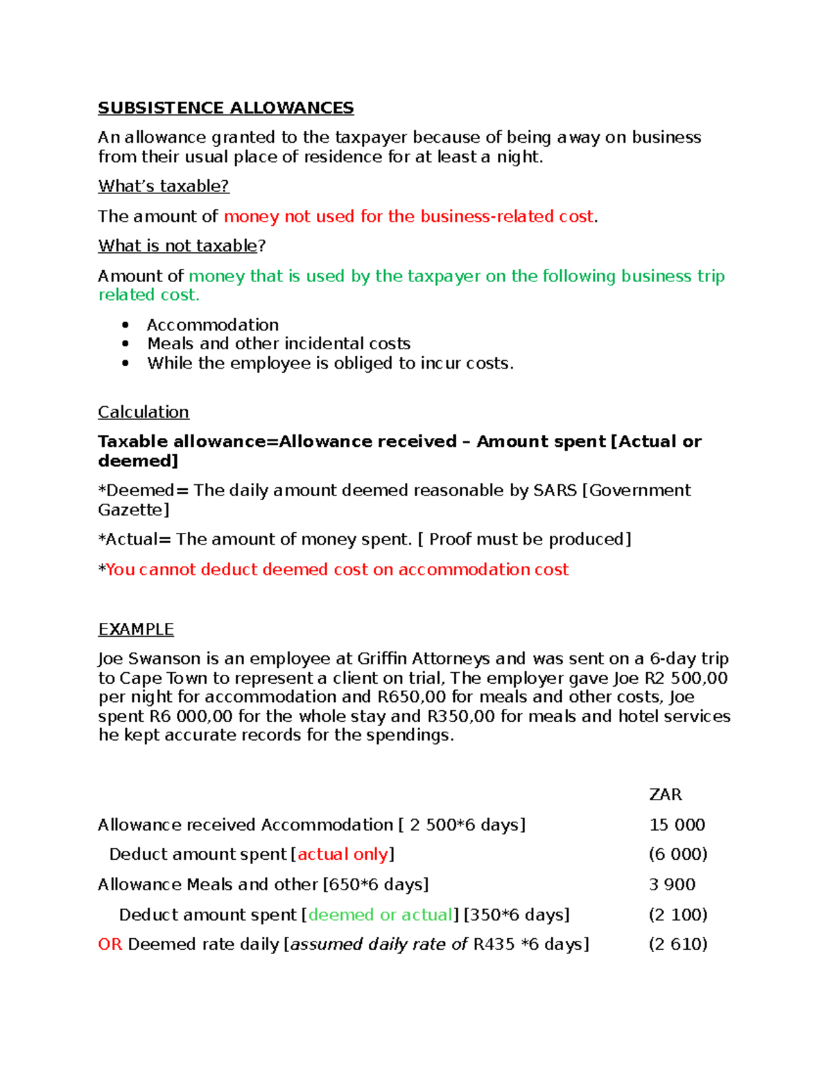 Subsistence Allowances Guide: Tax Implications & Calculations - Studocu