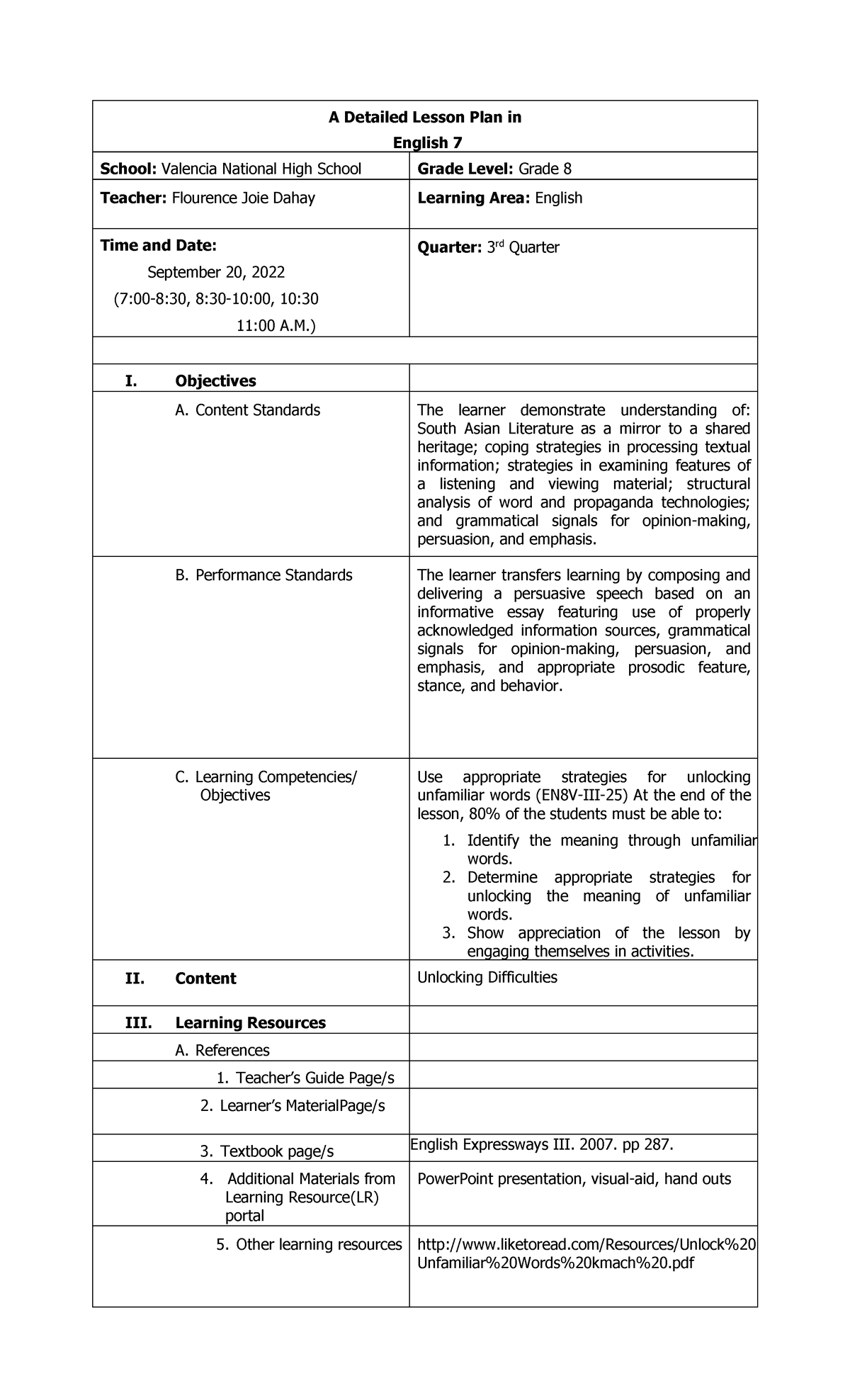 Detailed Lesson Plan in English 8: Unlocking Unfamiliar Words - Studocu