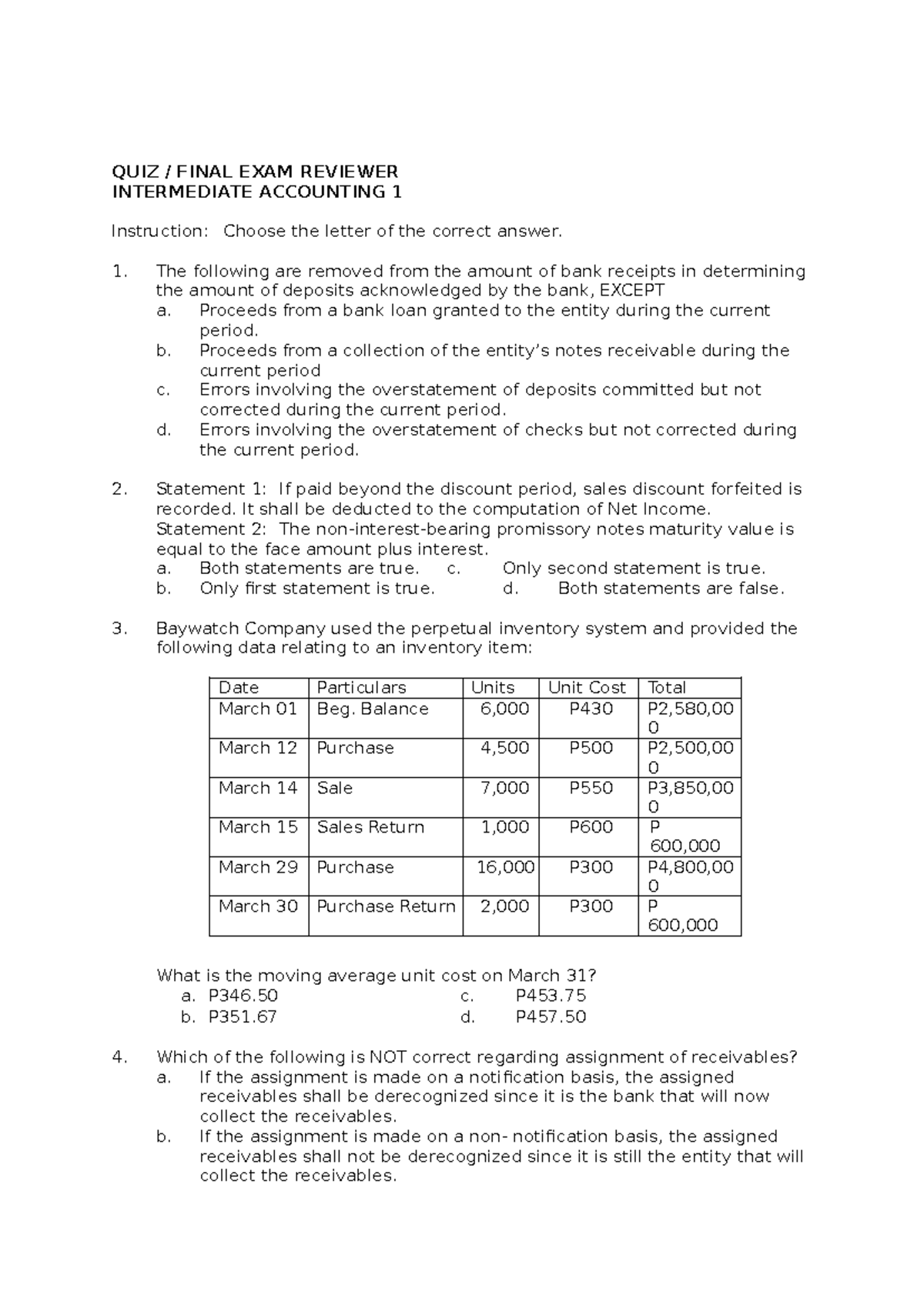 FINAL EXAM REVIEWER: INTERMEDIATE ACCOUNTING 1 PRACTICE PROBLEMS - Studocu