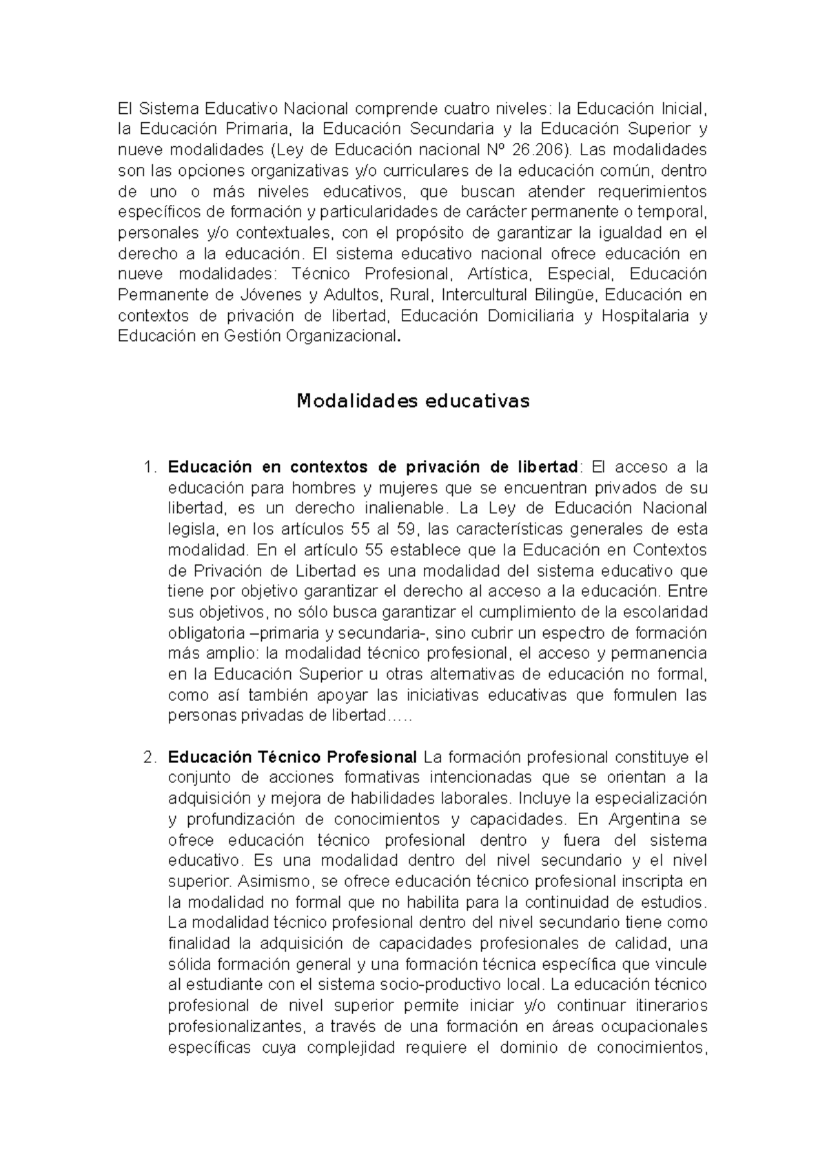 Modalidades Educativas en el Sistema Educativo Nacional (LEN 26.206 ...