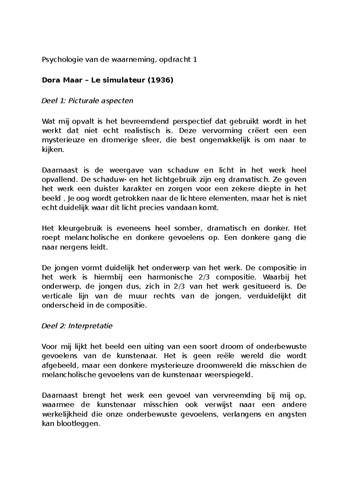 Psychologie van de waarneming, Opdracht 1: Analyse van Dora Maar's Werk ...