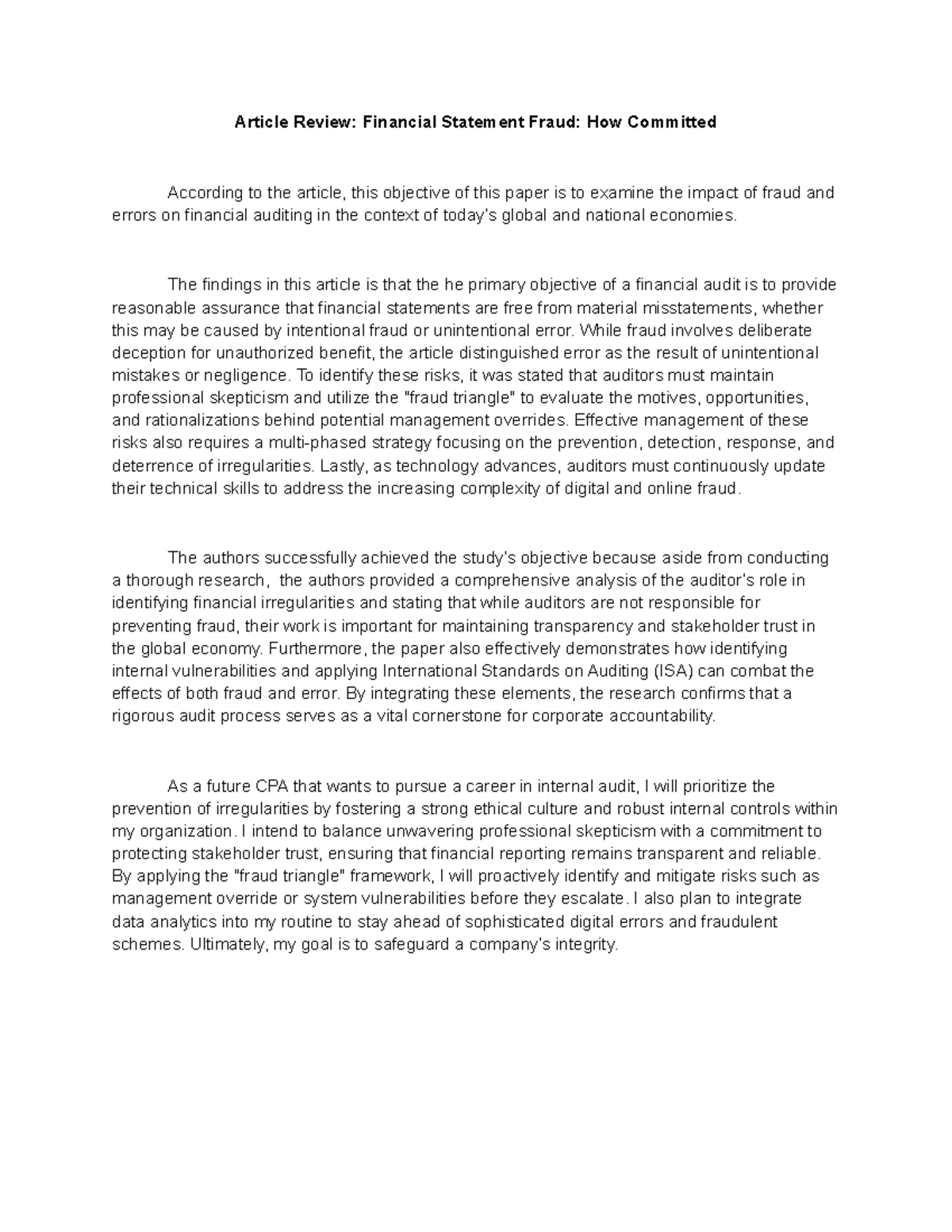 Article Review: Financial Statement Fraud and Auditing Risks - Studocu