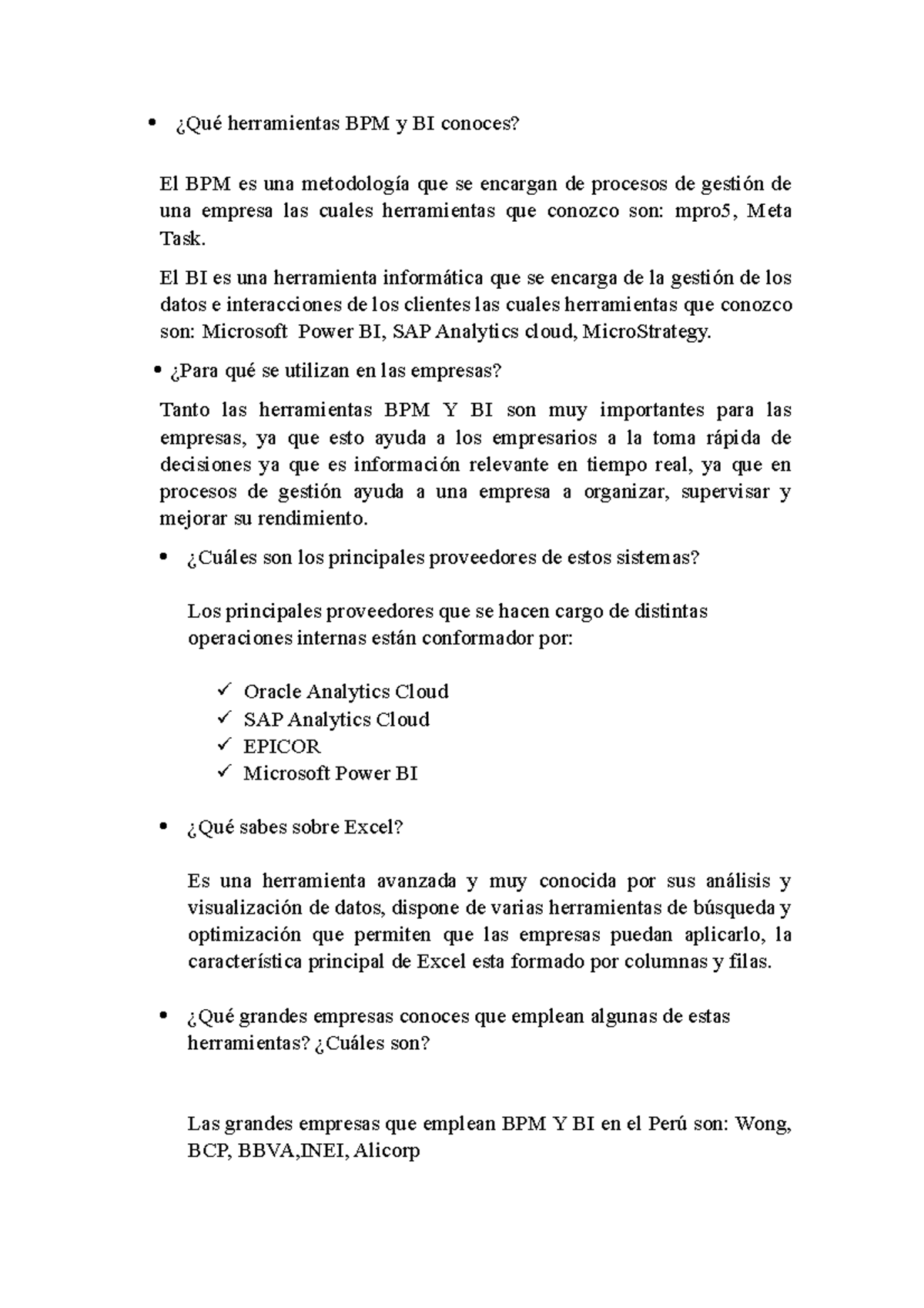 BPM Y BI - ejrcicios - ¿Qué herramientas BPM y BI conoces? El BPM es ...