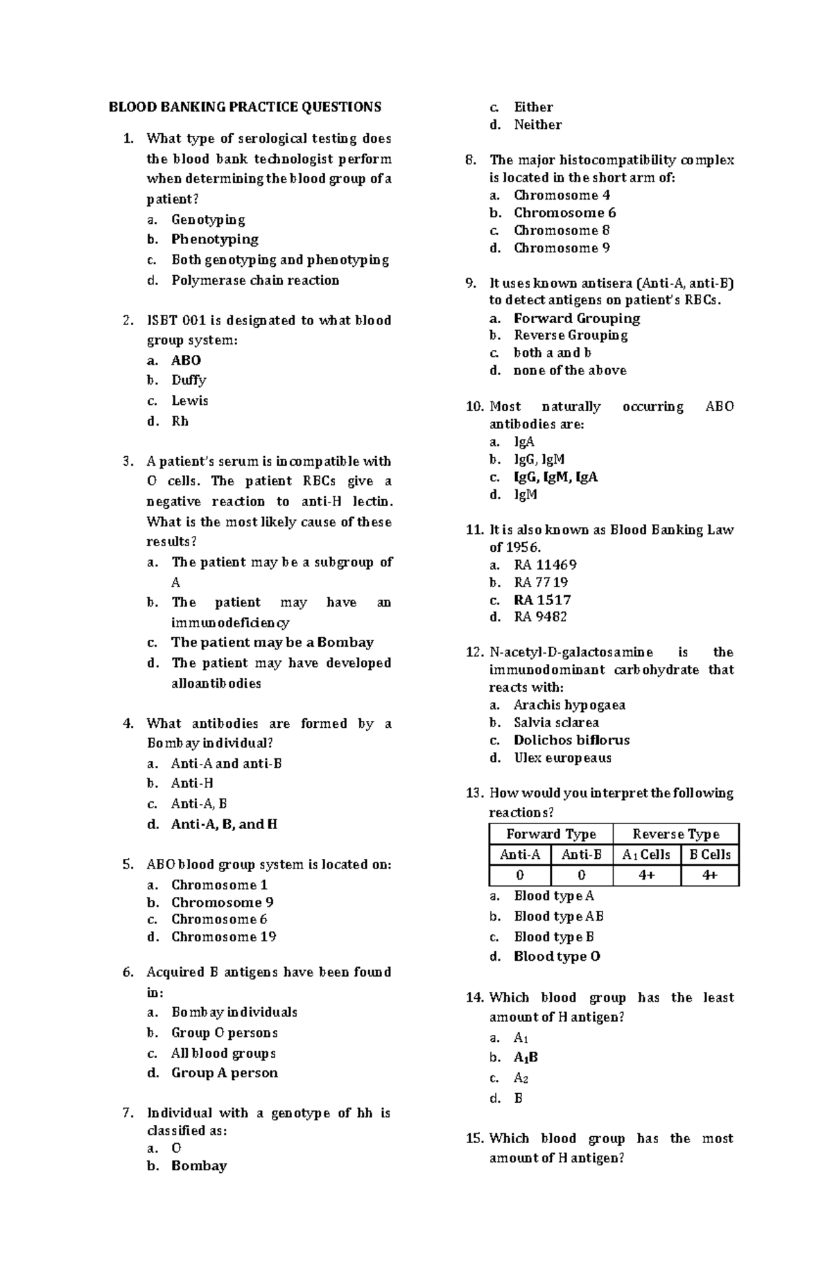 Blood Banking Practice Questions for Course Code BBP 100 - Studocu