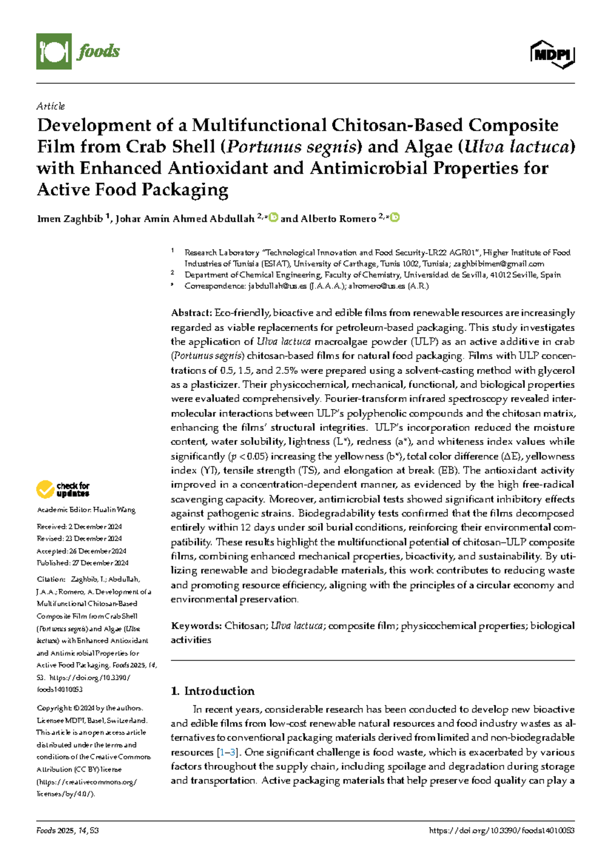 Development of Multifunctional Composite Films from Crab Shell and ...