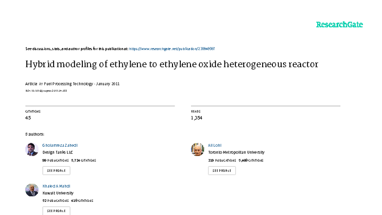 Hybrid Modeling of Ethylene to Ethylene Oxide Reactor (FPT 2011) - Studocu